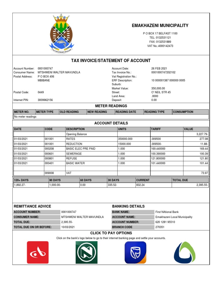 Emakhazeni Municipality Tax Invoice | PDF | Value Added Tax | Banks