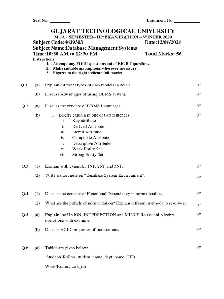 Mca Winter 2020 | PDF | Databases | Relational Database