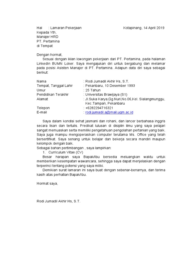 Surat Lamaran Dan CV Adil Pertamina | PDF