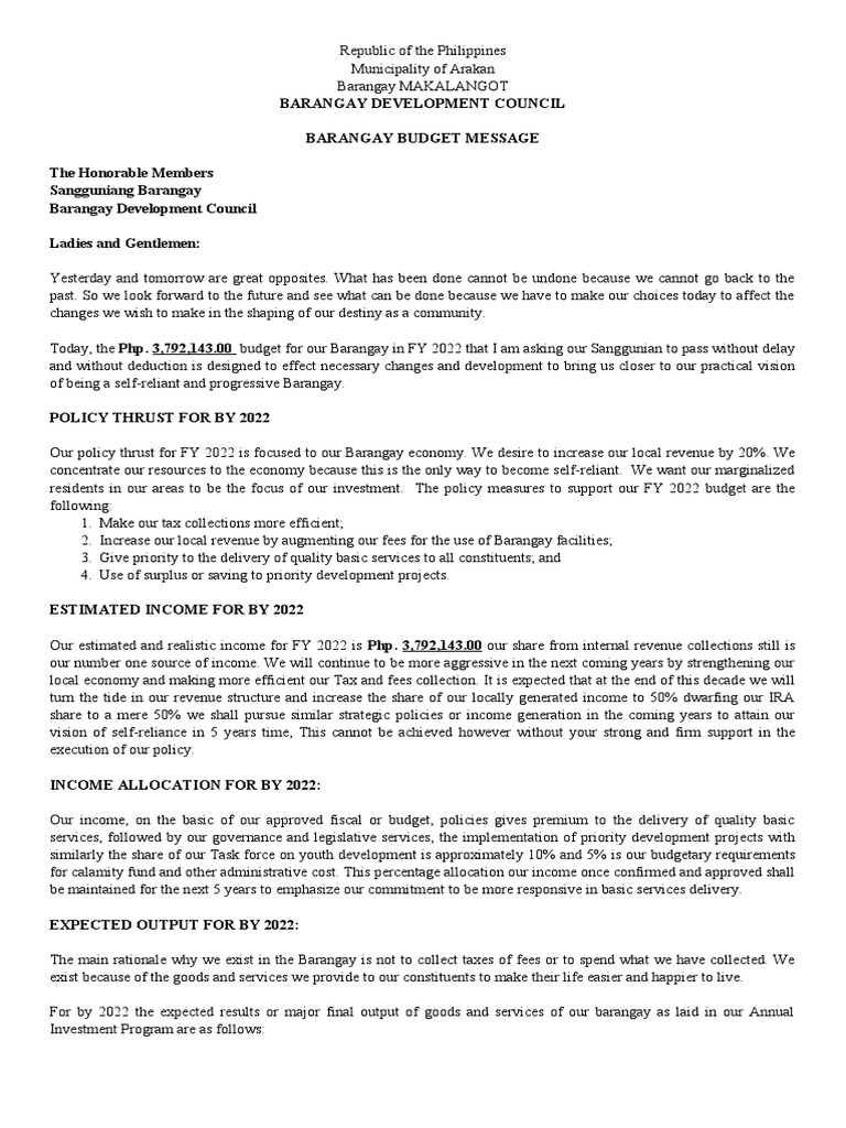 Barangay Budget Message Outlines FY 2022 Plans | PDF | Taxes | Budget
