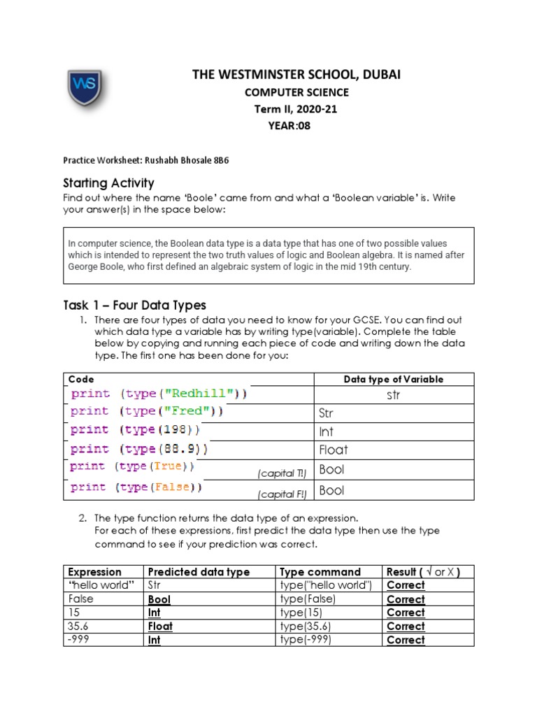 Practice Worksheet-Datatypes Answers Rushabh 8B6 | PDF | Boolean Data Type | Data Type