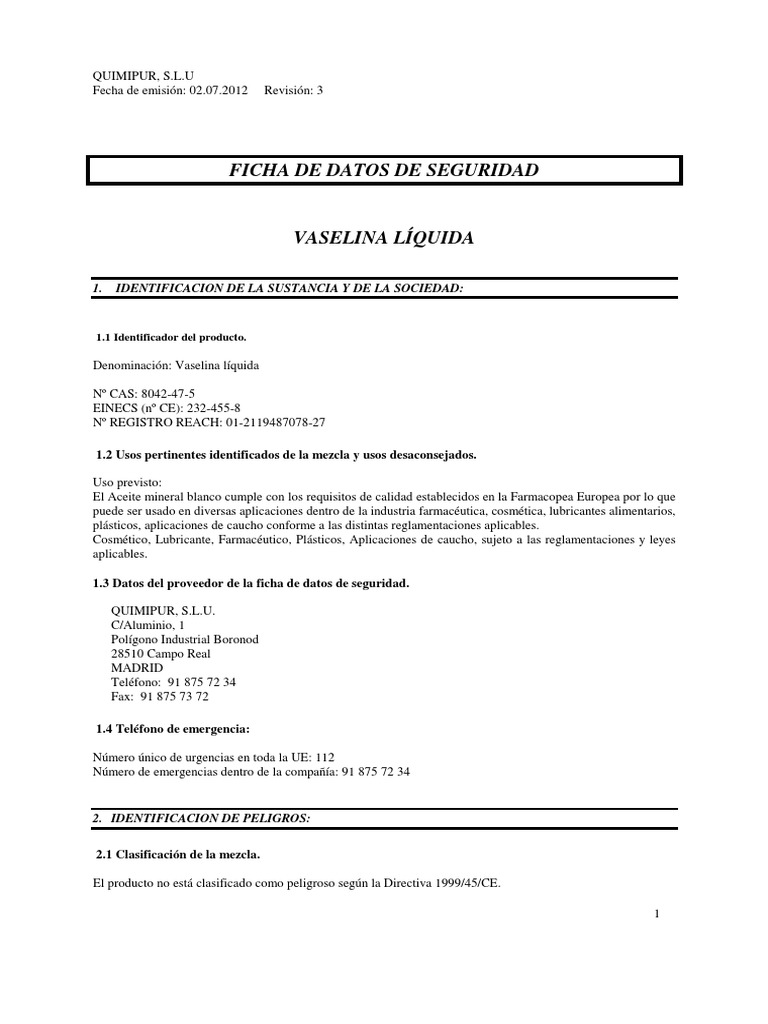 Vaselina Liquida MSDS | PDF | Agua | Química