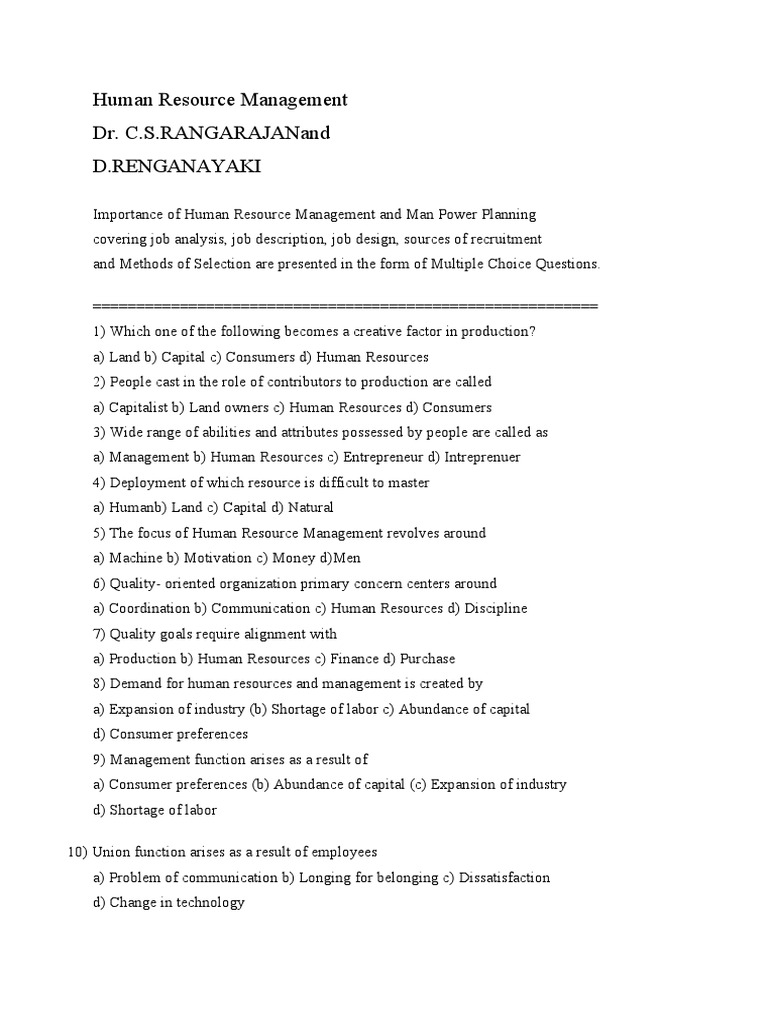 Human Resource Management Multiple Choice Questions | PDF | Employment ...