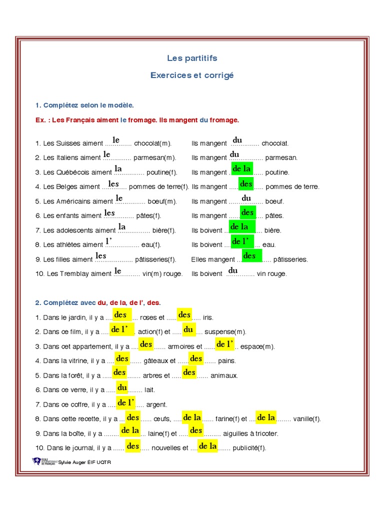 Exercices sur les articles partitifs | PDF | Cuisine régionale et ...