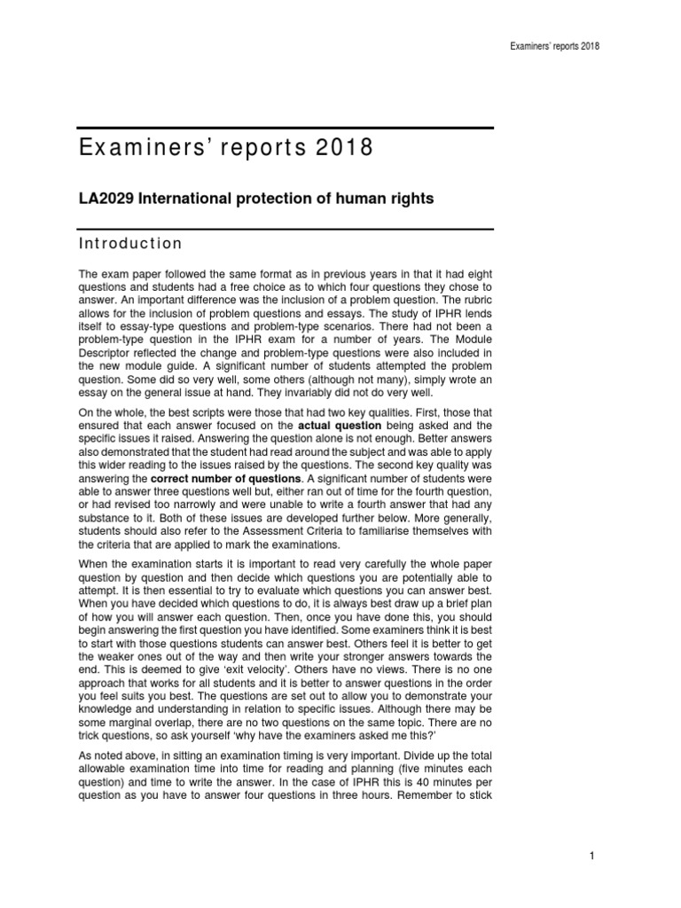 Examiners' Reports 2018: LA2029 International Protection of Human ...