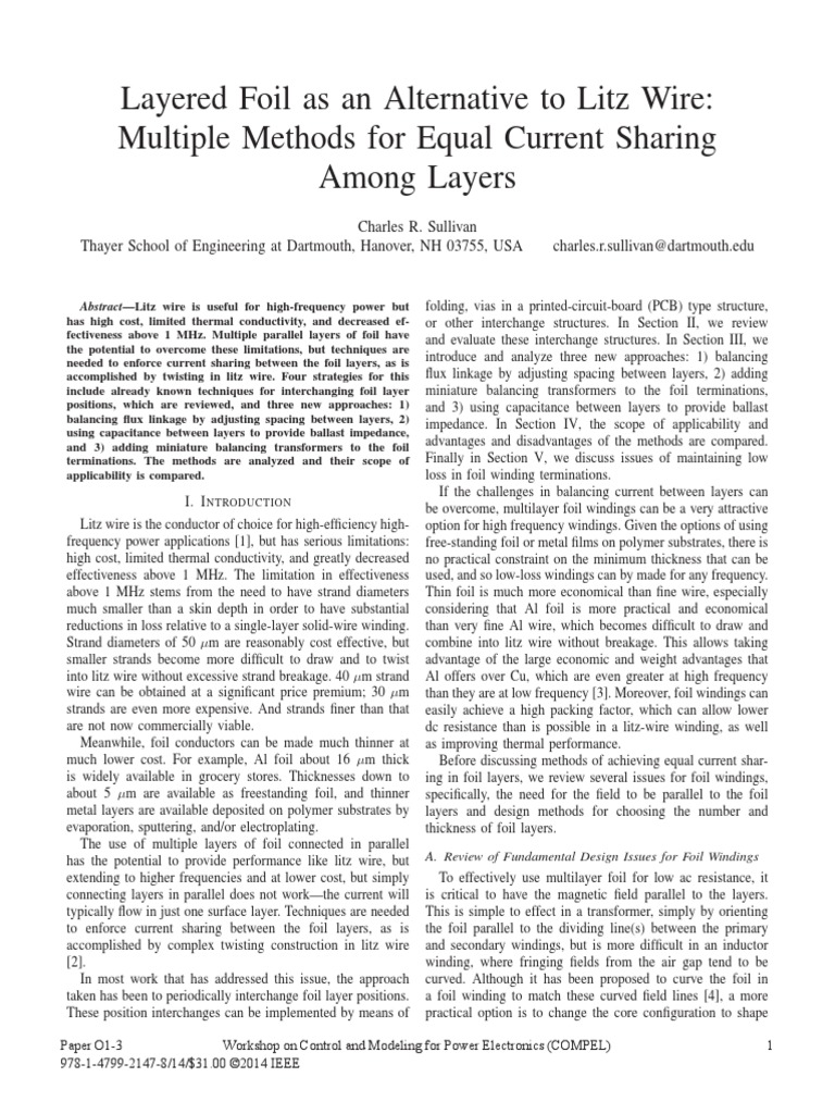 Layered Foil As An Alternative To Litz Wire: Multiple Methods For Equal ...