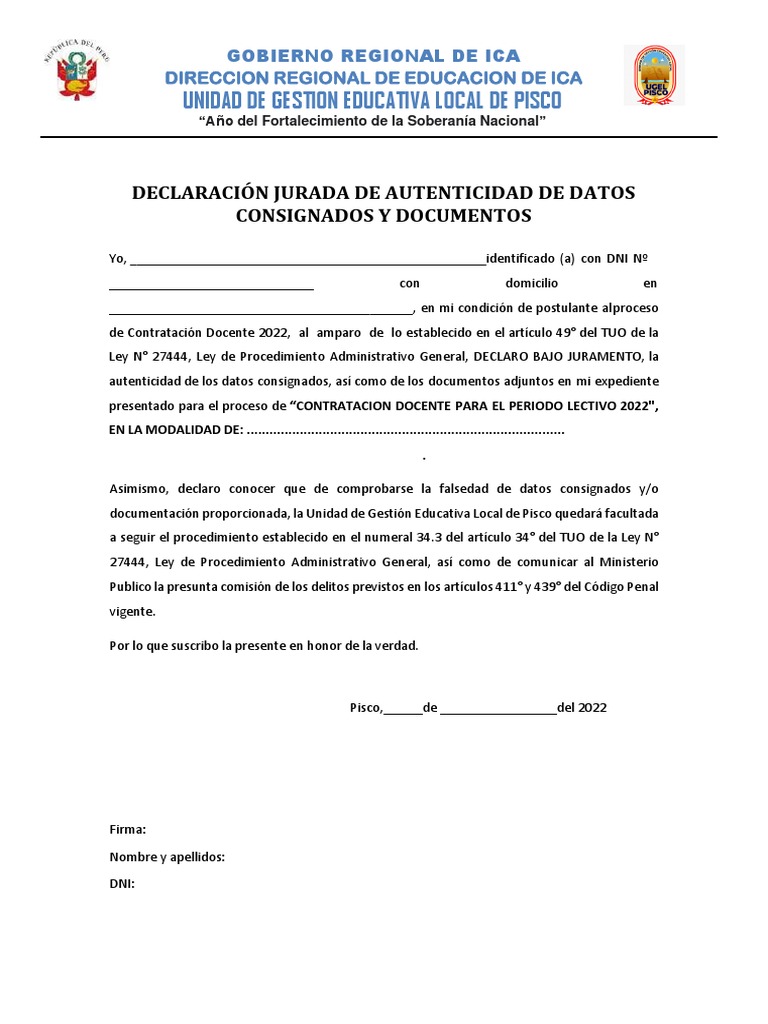 Declaracion Jurada de Autenticidad de Datos Consignados y Documentos | PDF
