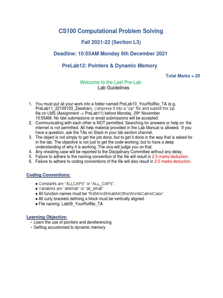 Prelab13 Exercise Cs100 Lums Pdf Array Data Structure Pointer Computer Programming