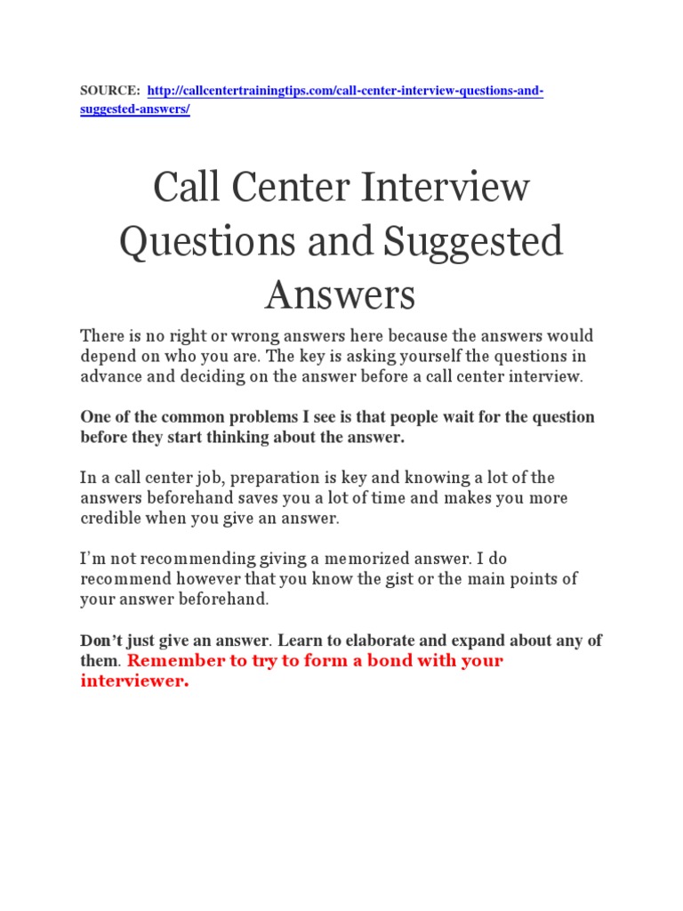 Call Center Interview Questions and Suggested Answers | PDF