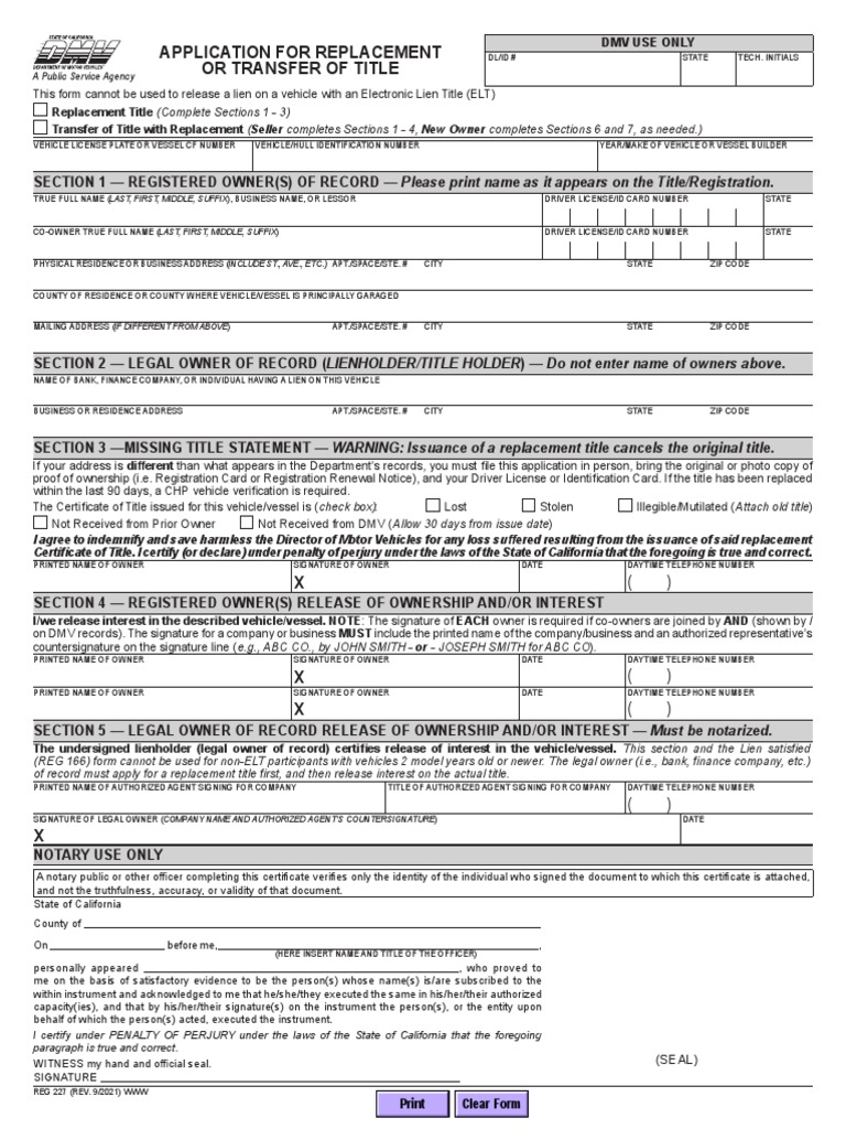 Application For Replacement or Transfer of Title: DMV Use Only | PDF ...