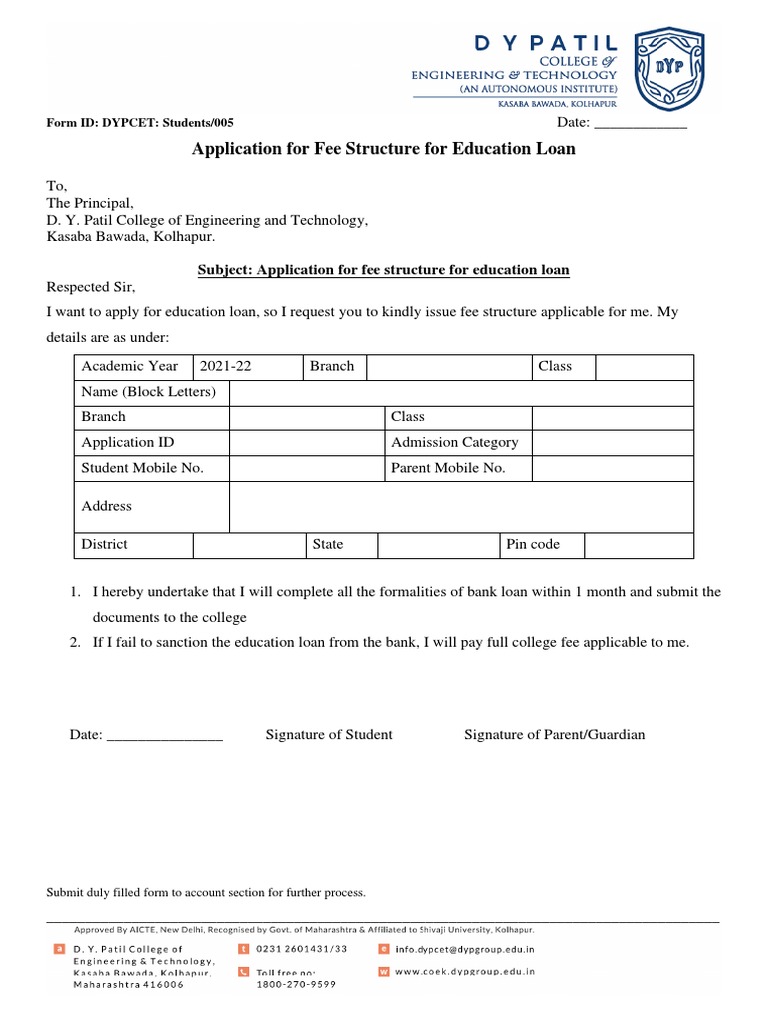 6 Application For Fee Structure For Bank Loan Purpose | PDF