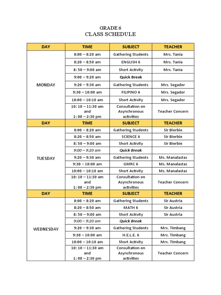Class Schedule: DAY Time Subject Teacher | PDF