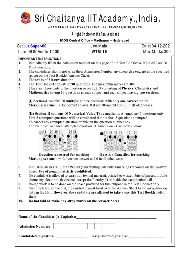 04-12-2021 JR - Super60 Jee-Main WTM-16 Question Paper | PDF | Orbit | Gravity
