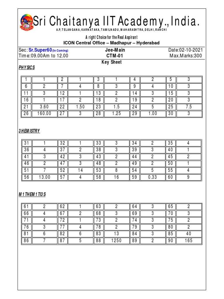 02-10-2021 - SR - Super60 (In Coming) - Jee-Main - CTM-01 (Only TS) - Key & Sol's | PDF | Mirror ...