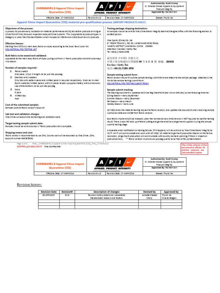 Apparel China Import Quarantine (CIQ) Material Pre-Qualification ...