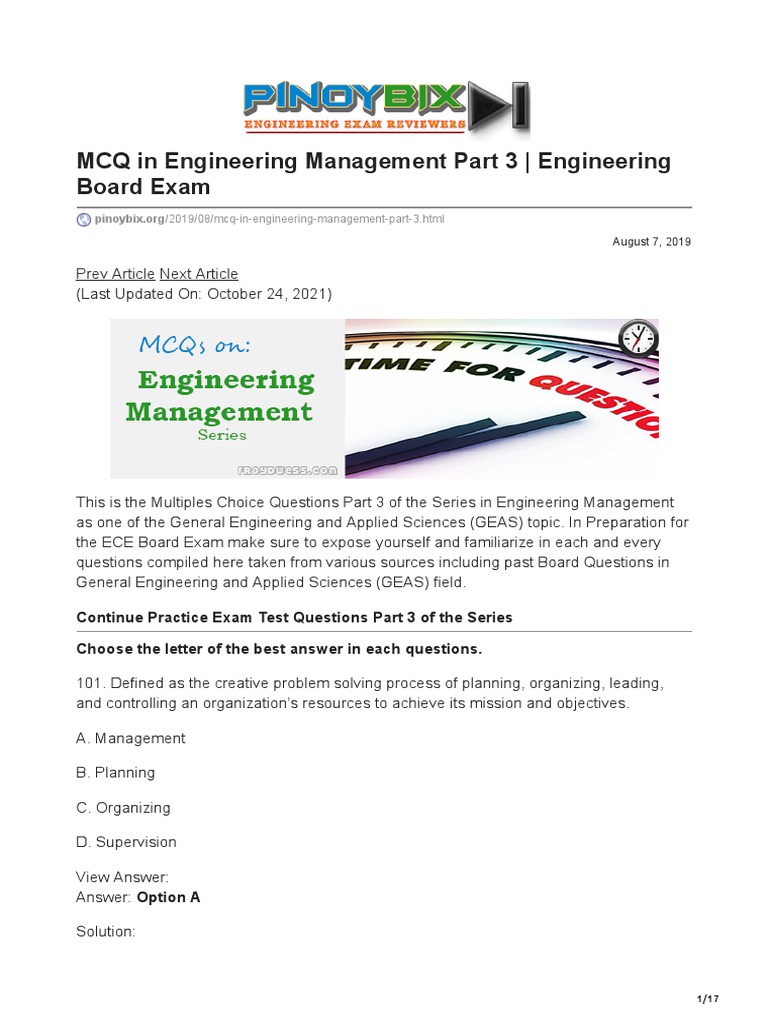 MCQ in Engineering Management Part 3 Engineering Board Exam | PDF ...