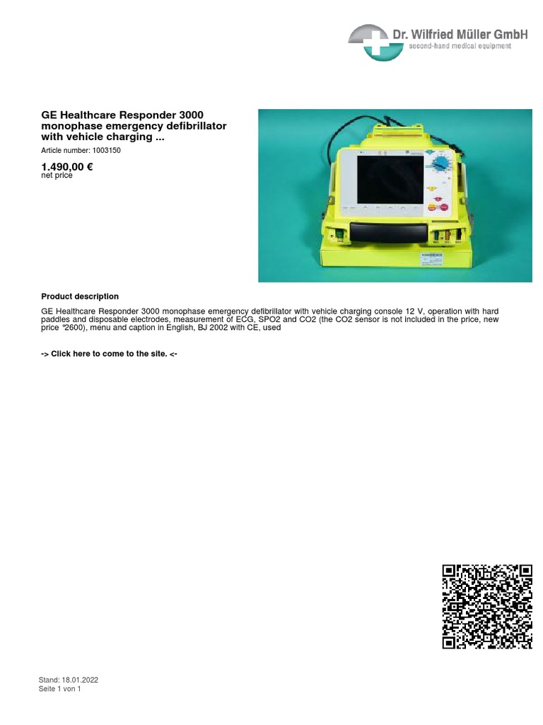 GE Healthcare Responder 3000 Monophase Emergency Defibrillator With ...