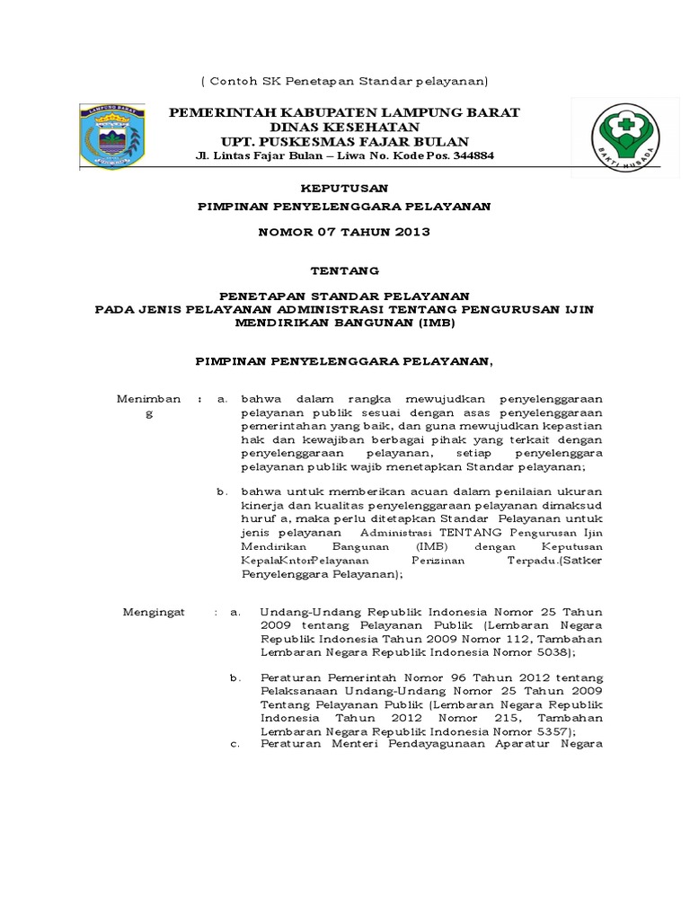 Contoh SK Penetapan Standar Pelayanan | PDF Contoh SK Penetapan Standar Pelayanan | PDF