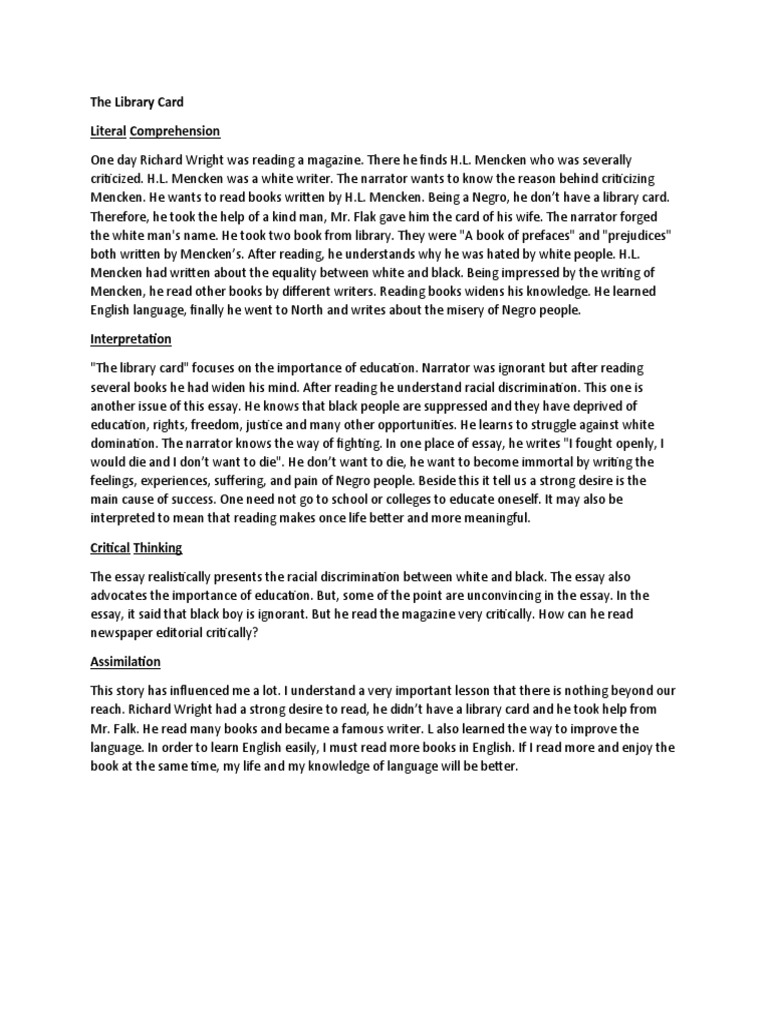 The Library Card Literal Comprehension | PDF