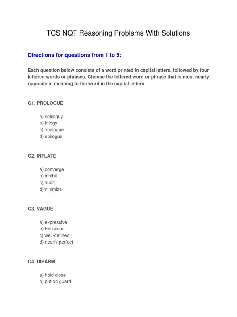 TCS NQT Reasoning Problems With Solutions: Directions For Questions ...