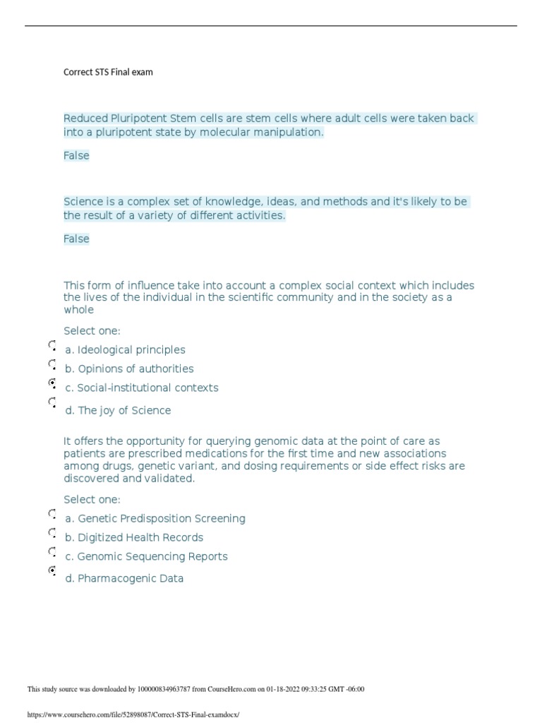 Correct STS Final Exam | PDF | Science | Messenger Rna
