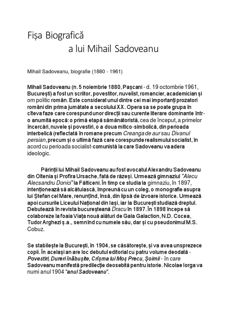 Fisa Biografica A Lui Mihail Sadoveanu | PDF