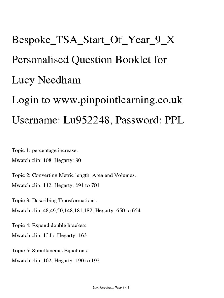 Bespoke - TSA - Start - of - Year - 9 - X Personalised Question Booklet ...