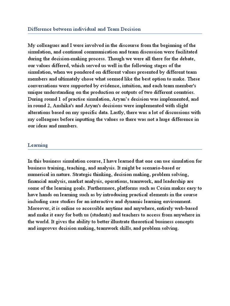 Difference Between Individual and Team Decision | PDF | Simulation | Decision Making