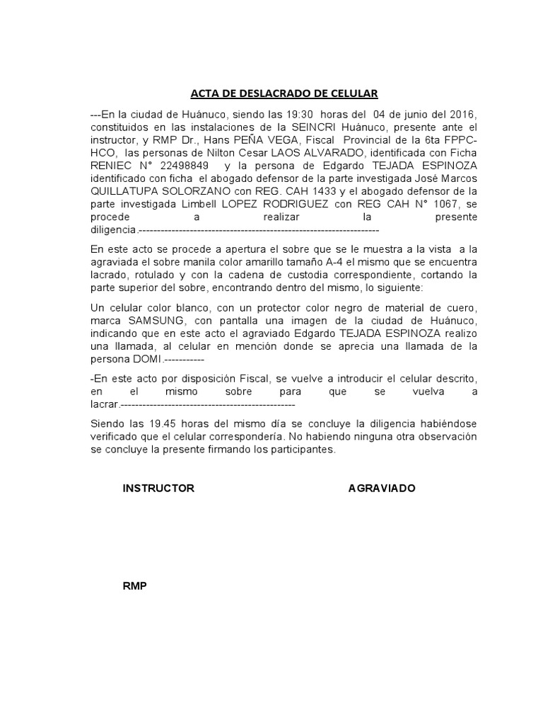 Acta de Deslacrado y Reconocimiento de Celular | PDF | Equipo de telefonía | Smartphone