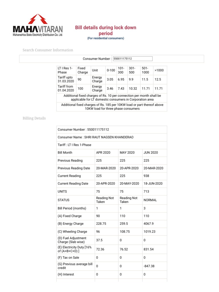 MSEDCL - Bill Info June-2020 | PDF | Annual Percentage Rate | Receipt