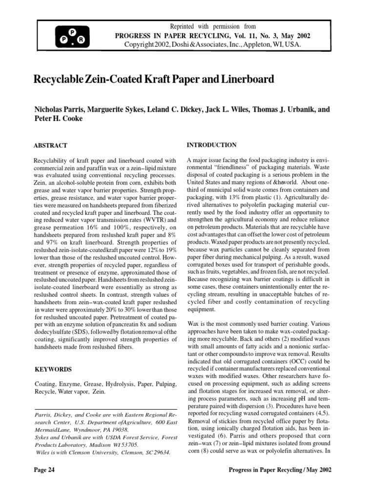 Recyclable Zein-Coated Kraft Paper and Linerboard | PDF | Paper | Water