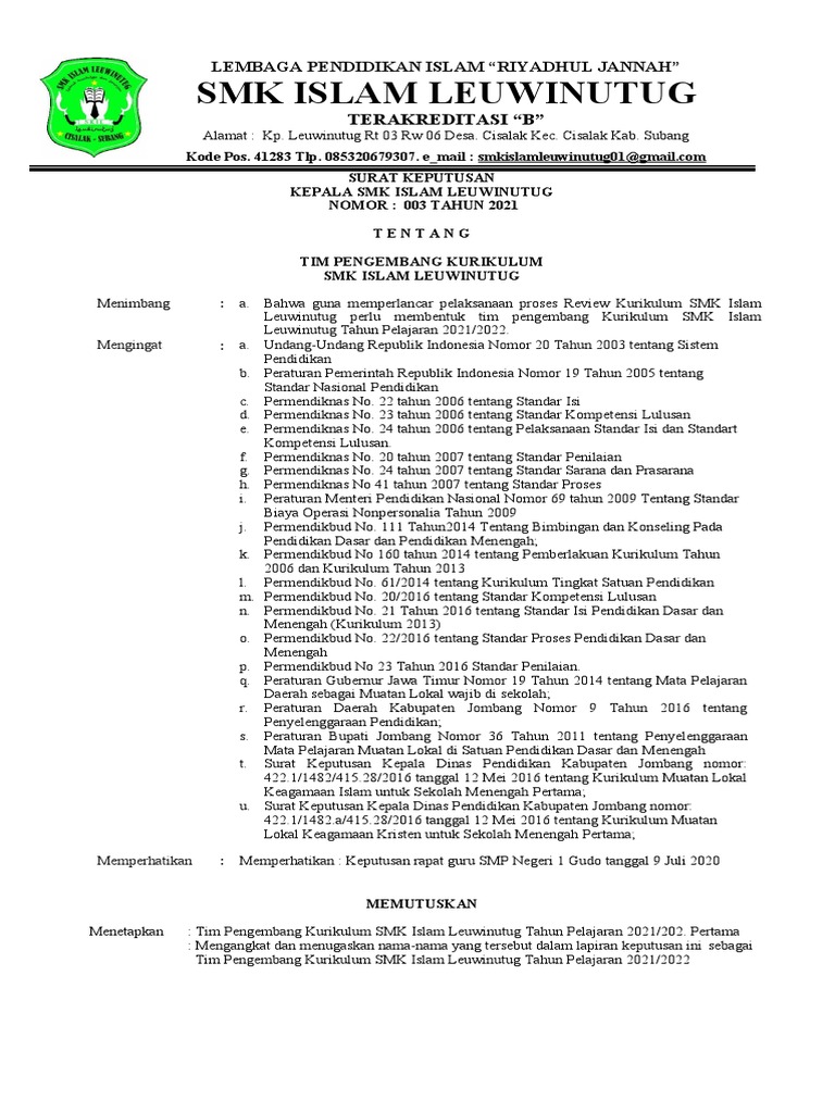 SK Tim Pengembang Kurikulum SMK 2021 | PDF
