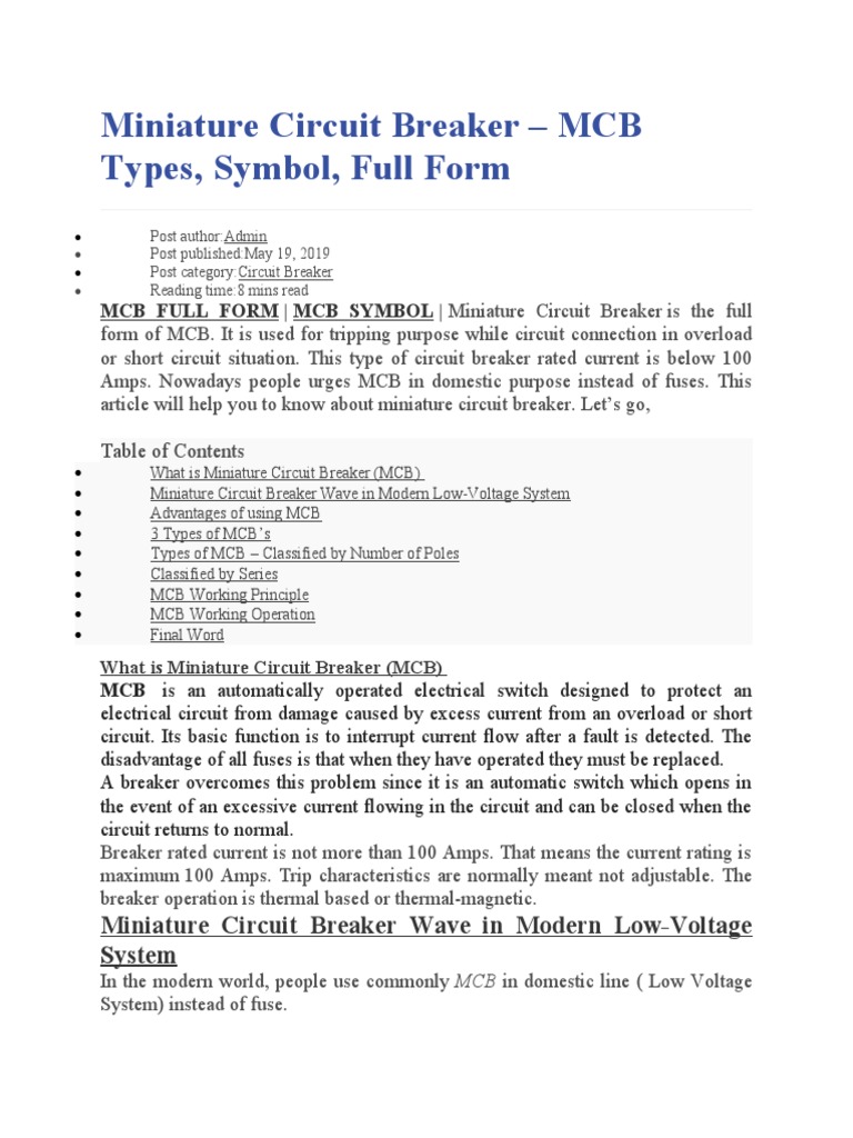 Miniature Circuit Breaker - MCB Types, Symbol, Full Form | PDF | Fuse ...