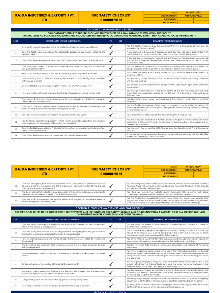 Rajda Industries & Exports Pvt. LTD Fire Safety Checklist SA8000:2014 ...