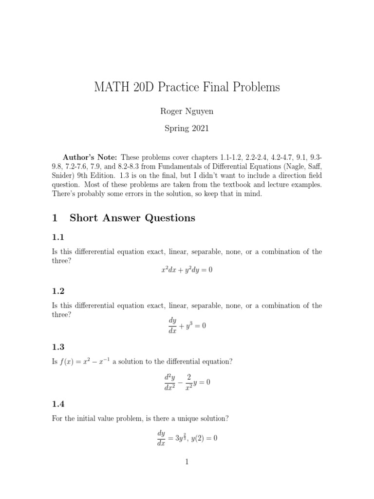 MATH 20D Practice Final Problems: 1 Short Answer Questions | PDF ...
