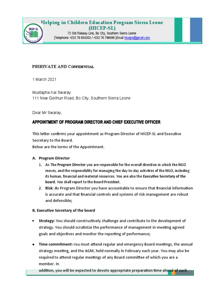 HICEP Letter of Apointmrnt - Mustapha Personal | PDF | Secretary | Business
