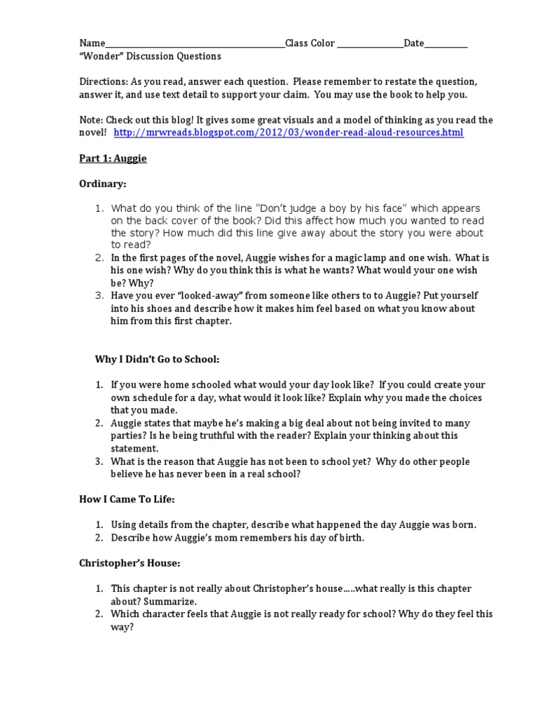 Wonder Discussion Questions | PDF | Language Arts & Discipline | Self ...