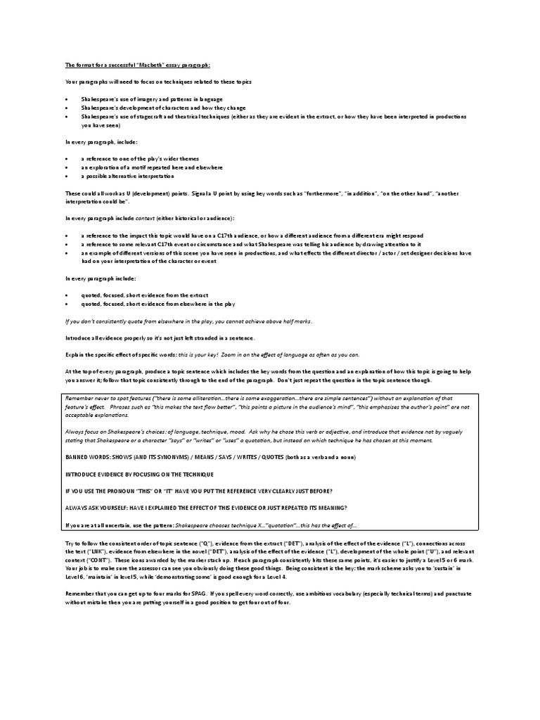 GCSE English Literature Macbeth Essay Paragraph Format | PDF | William Shakespeare | Paragraph