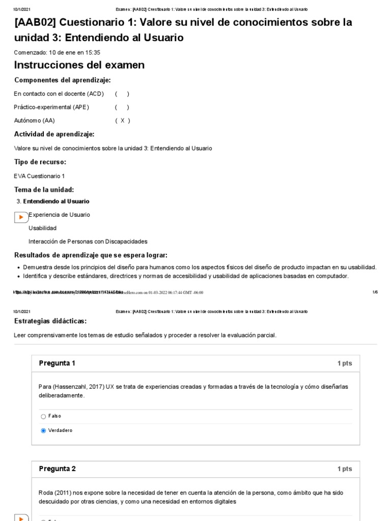 10 10 Examen AAB02 Cuestionario 1 Valore Su Nivel de Conocimientos Sobre La Unidad 3 PDF | PDF ...