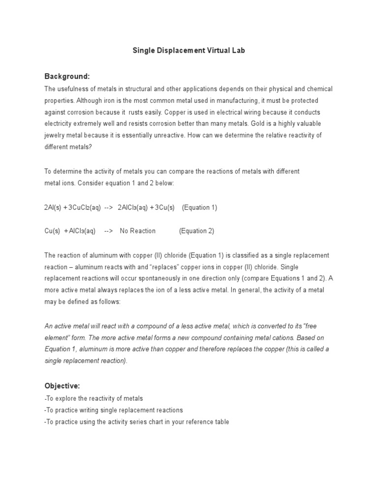 Single Displacement Metal Reactivity Lab | PDF | Metals | Copper