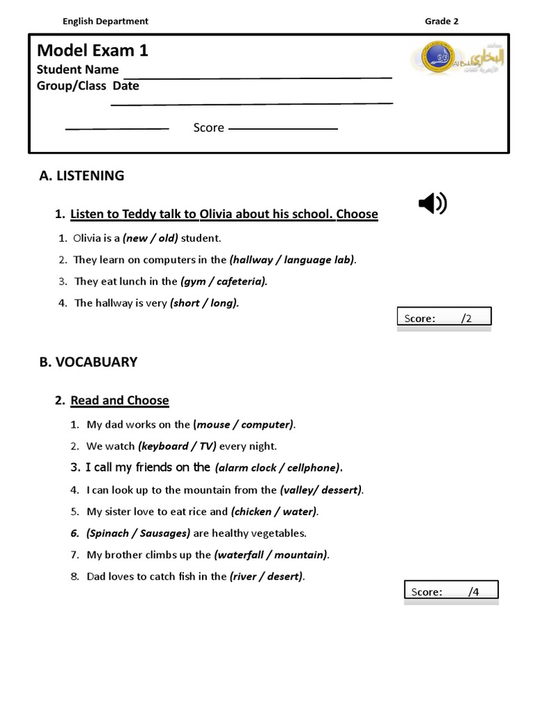 Grade 2 English Listening and Reading Exam | PDF
