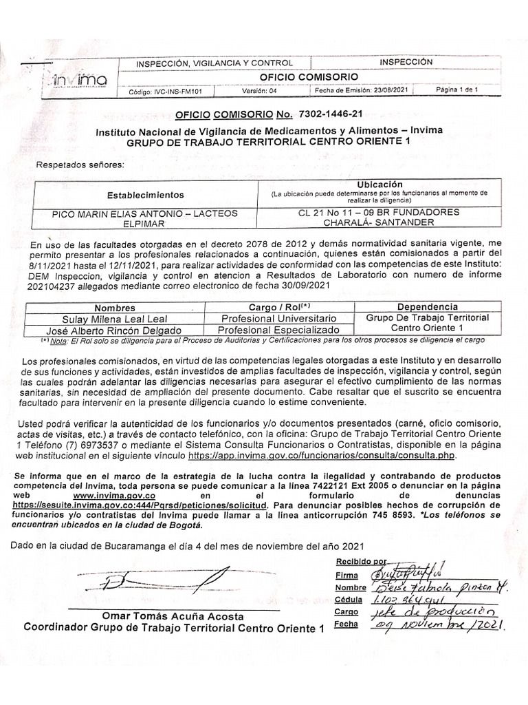 Acta de Visita INVIMA | PDF