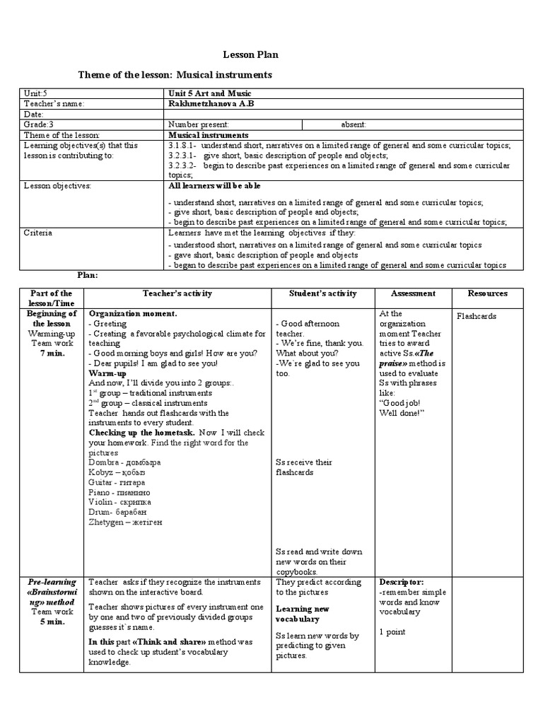 Musical Instruments Lesson Plan | PDF | Curriculum | Vocabulary