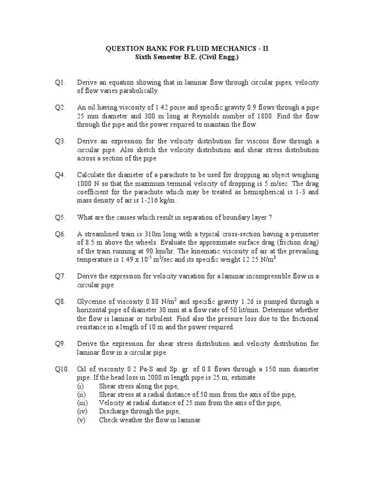 Fluid Mechanics II Question Bank | PDF | Pump | Drag (Physics)