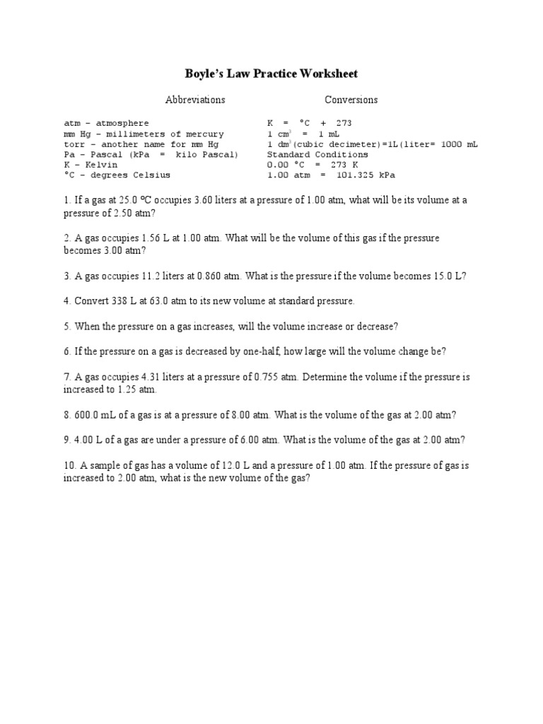 Boyle's Law Practice Worksheet | PDF