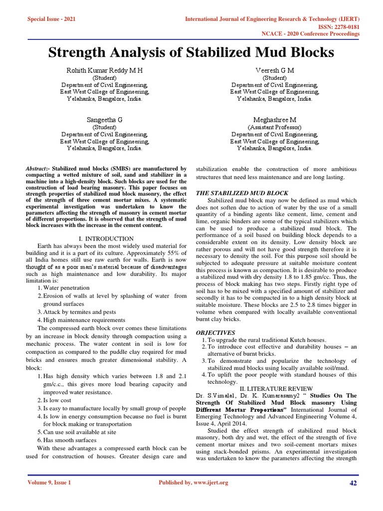 Strength Analysis of Stabilized Mud Blocks IJERTCONV9IS01010 | PDF | Cement | Mortar (Masonry)