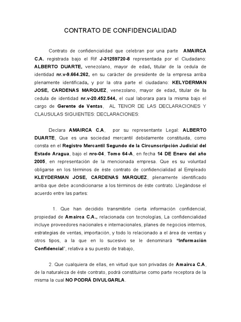 Contrato Confidencialidad Amairca C.A. | PDF | Justicia | Crimen y ...