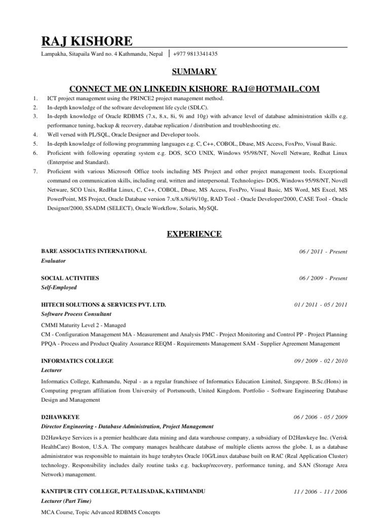 Raj Kishore Resume | PDF | Oracle Database | Microsoft Access