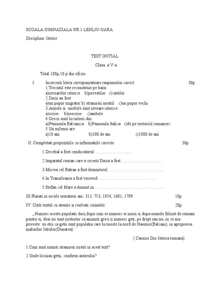 Test Initial Clasa A V-A 2020 | PDF