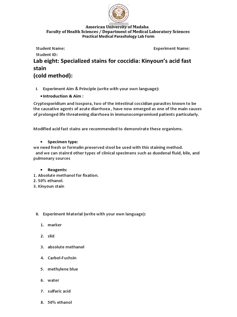 Lab Eight: Specialized Stains For Coccidia: Kinyoun's Acid Fast Stain ...
